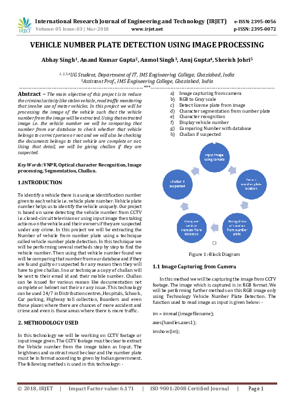 (PDF) VEHICLE NUMBER PLATE DETECTION USING IMAGE PROCESSING
