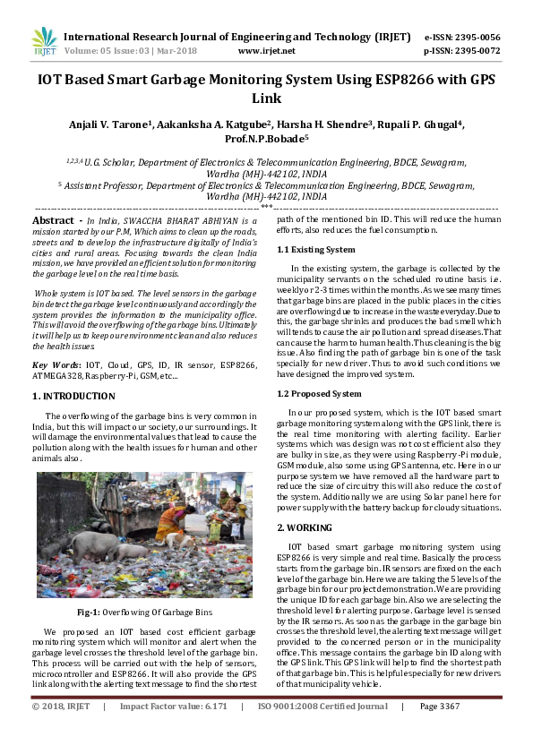 Pdf Iot Based Smart Garbage Monitoring System Using Esp8266 With Gps Link 6278