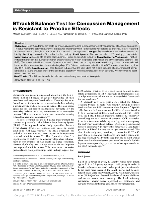 (PDF) BTrackS Balance Test for Concussion Management is Resistant to ...