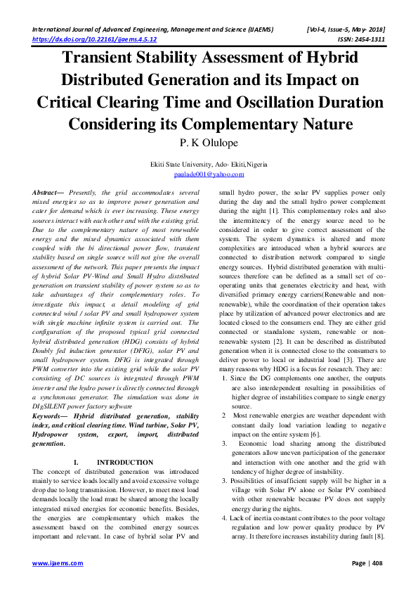 (PDF) Transient Stability Assessment of Hybrid Distributed Generation and its Impact on Critical ...
