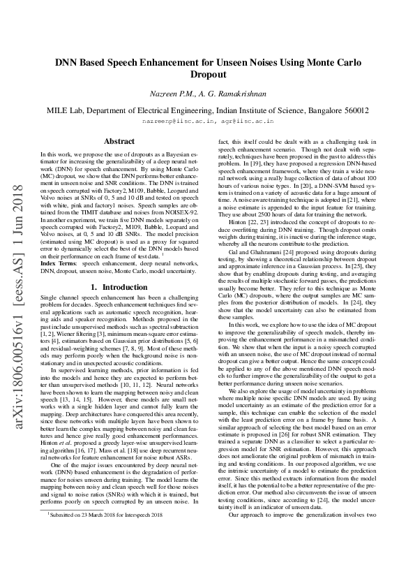 Pdf Dnn Based Speech Enhancement For Unseen Noises Using Monte Carlo Dropout