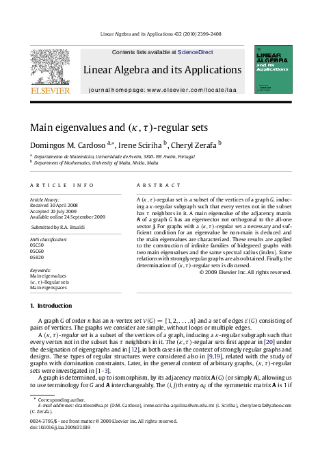 (PDF) Main eigenvalues and -regular sets