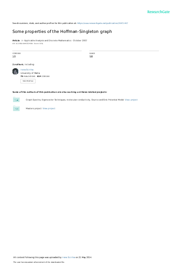 (PDF) Some properties of the Hoffman-Singleton graph