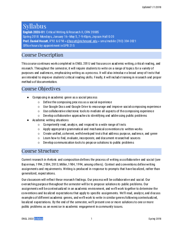 (PDF) Syllabus for ENGL 202U: Critical Writing and Research II
