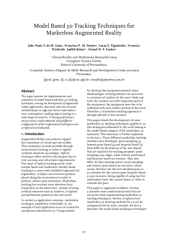 (PDF) Model Based 3D Tracking Techniques for Markerless Augmented Reality