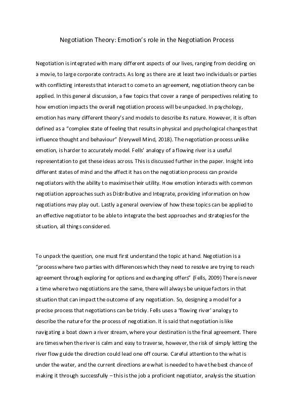 (DOC) Negotiation Theory Emotions role in the Negotiation Process