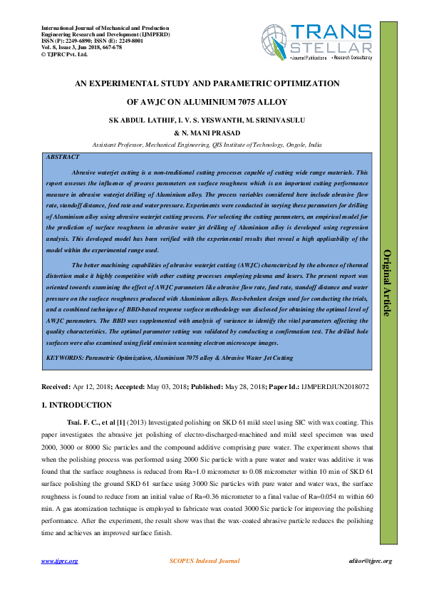 (PDF) AN EXPERIMENTAL STUDY AND PARAMETRIC OPTIMIZATION OF AWJC ON ALUMINIUM 7075 ALLOY