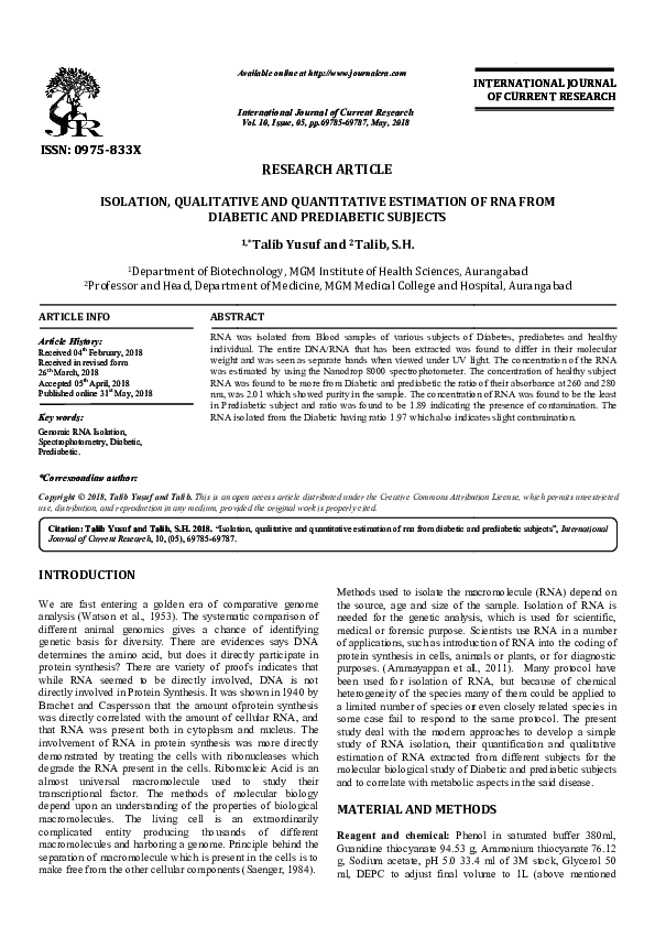 (PDF) ISOLATION, QUALITATIVE AND QUANTITATIVE ESTIMATION OF RNA FROM ...
