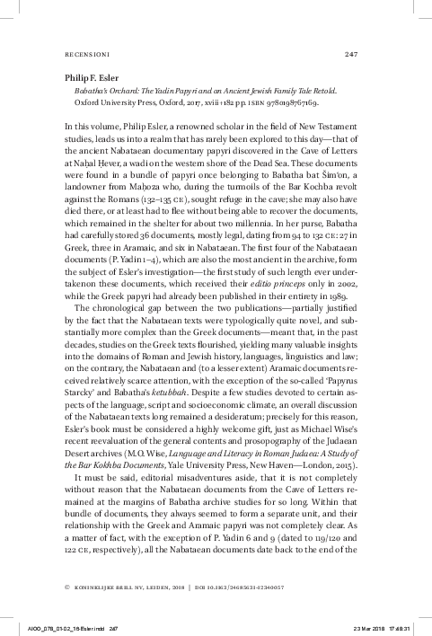 (PDF) Philip F. Esler Review of "Babatha’s Orchard: The Yadin Papyri ...