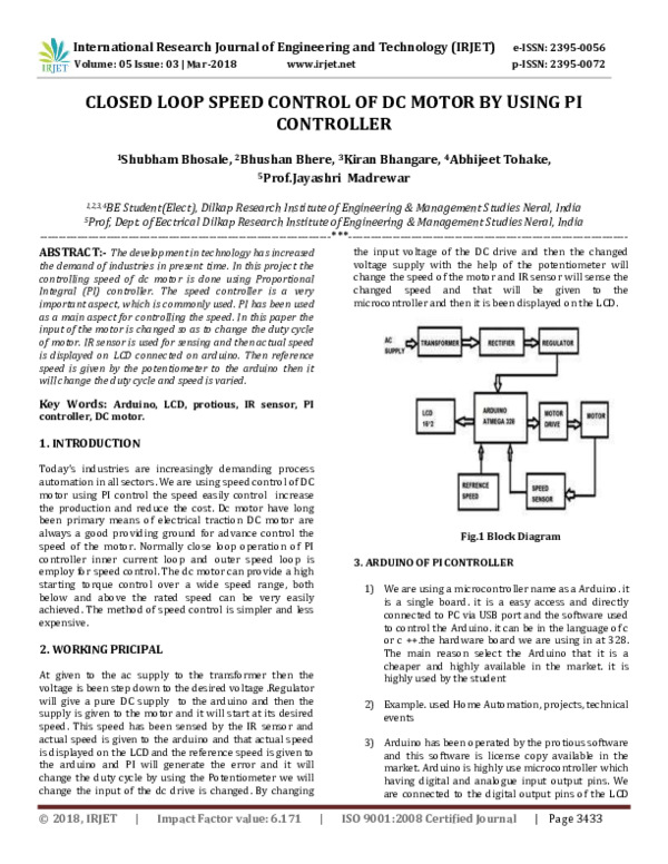 Pdf Closed Loop Speed Control Of Dc Motor By Using Pi Controller