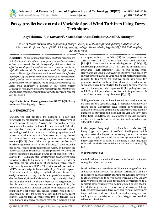 Pdf Fuzzy Predictive Control Of Variable Speed Wind Turbines Using Fuzzy Techniques