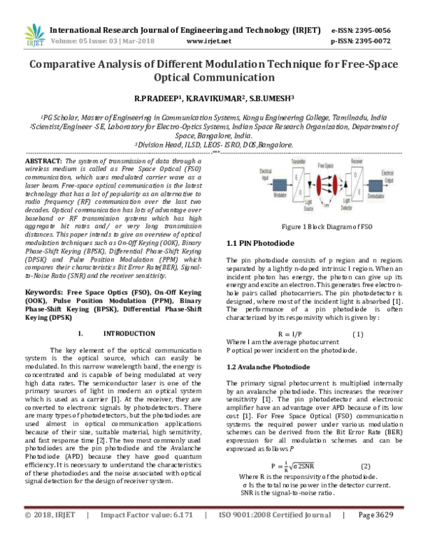 Pdf Comparative Analysis Of Different Modulation Technique For Free Space Optical Communication
