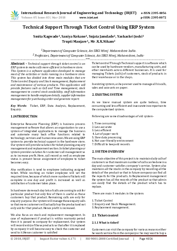 (PDF) Technical Support Through Ticket Control Using ERP System