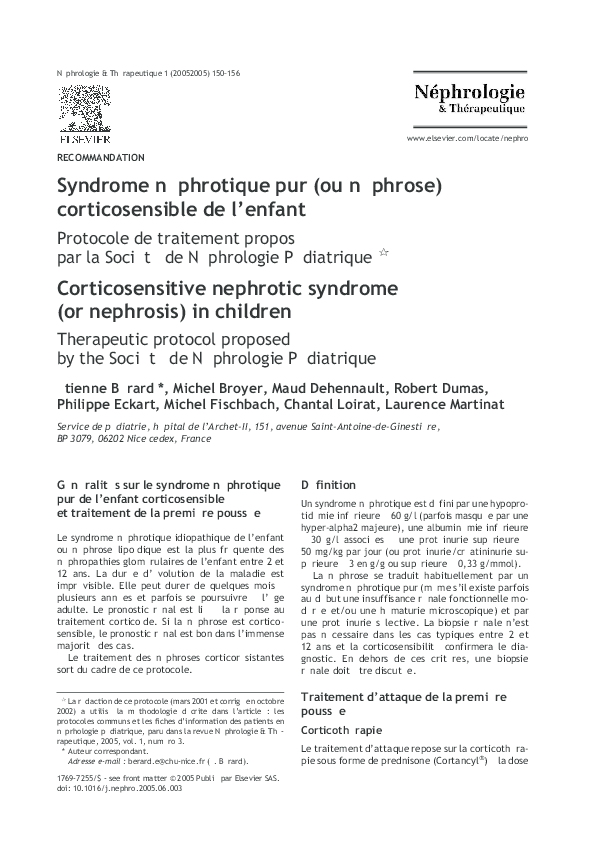 (PDF) Syndrome néphrotique pur (ou néphrose) corticosensible de l'enfant