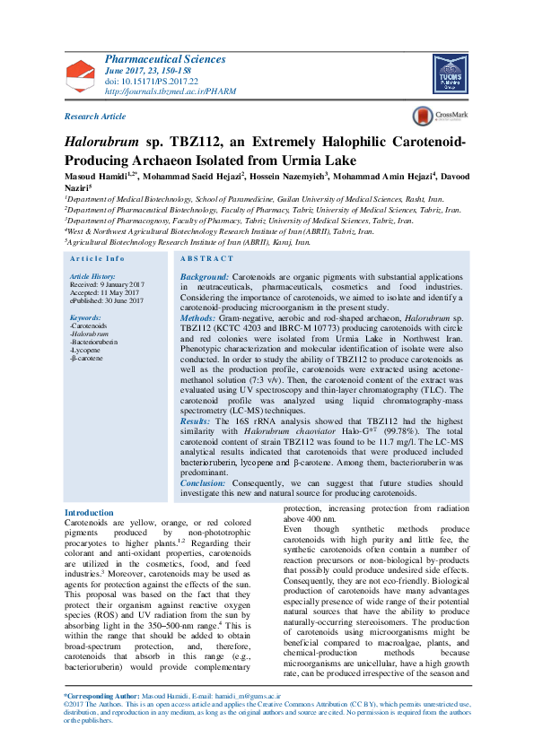 (PDF) Halorubrum sp. TBZ112, an Extremely Halophilic Carotenoid- Producing Archaeon Isolated ...