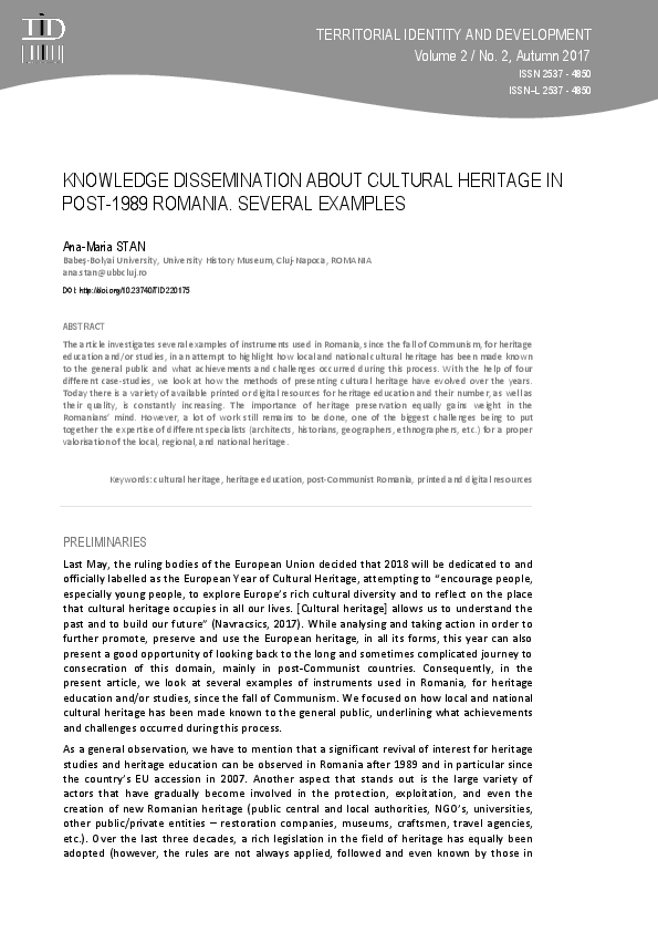 (PDF) KNOWLEDGE DISSEMINATION ABOUT CULTURAL HERITAGE IN POST-1989 ...