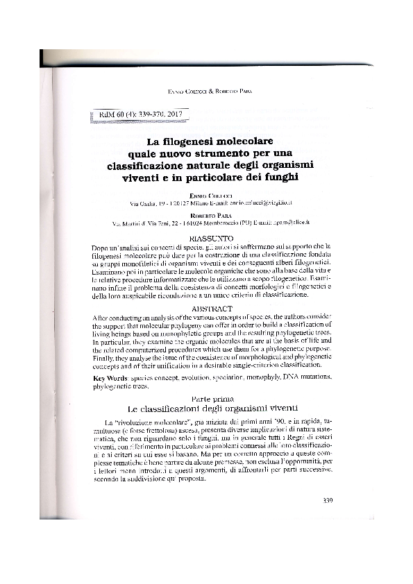 (PDF) La filogenesi molecolare quale nuovo strumento per una ...