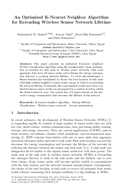 Pdf An Optimized K Nearest Neighbor Algorithm For Extending Wireless Sensor Network Lifetime
