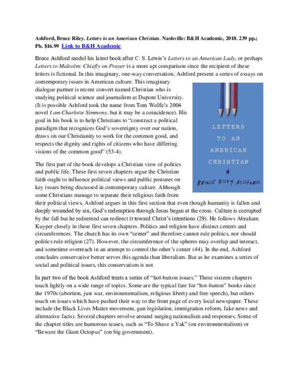 (PDF) Bruce Riley Ashford, Letters to an American Christian. Nashville ...