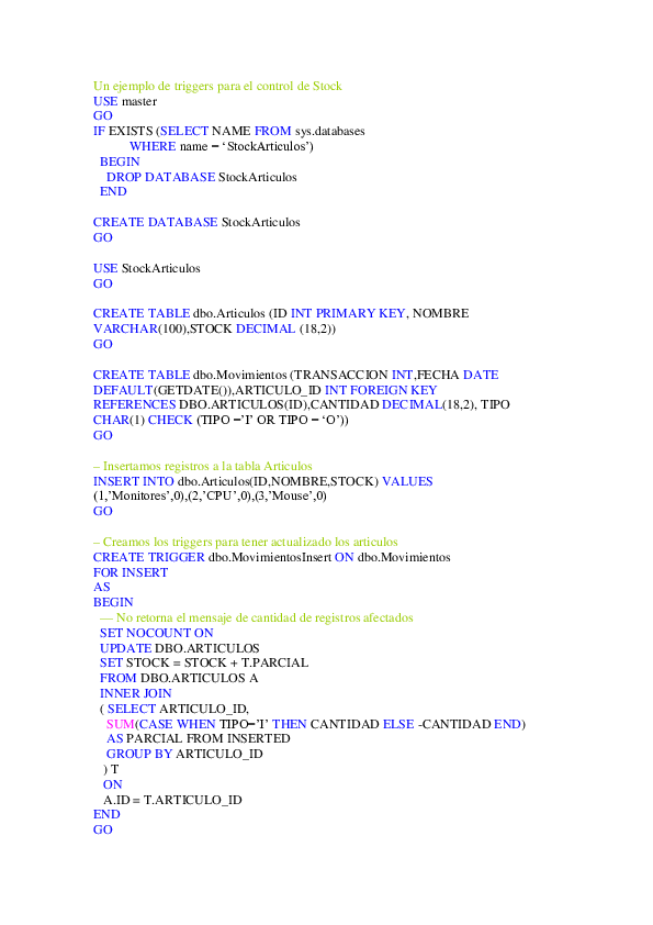 (DOC) Un ejemplo de triggers para el control de Stock USE master GO IF EXISTS (SELECT NAME FROM ...