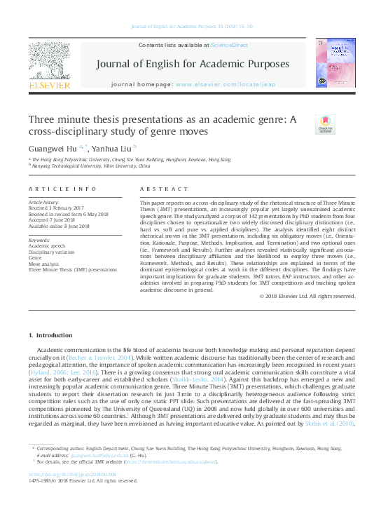 (PDF) Three minute thesis presentations as an academic genre: A cross ...