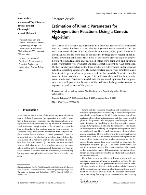 Pdf Estimation Of Kinetic Parameters For Hydrogenation Reactions Using A Genetic Algorithm