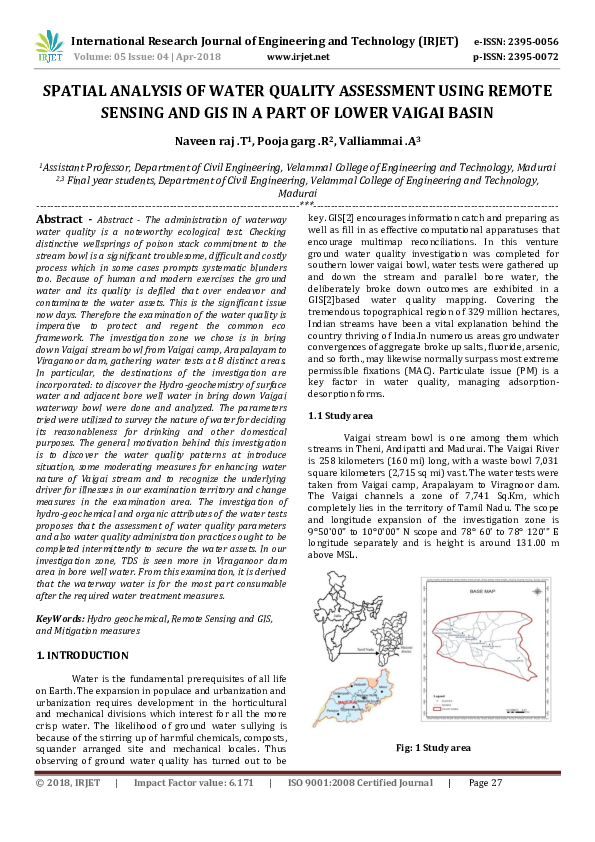 Pdf Spatial Analysis Of Water Quality Assessment Using Remote Sensing And Gis In A Part Of