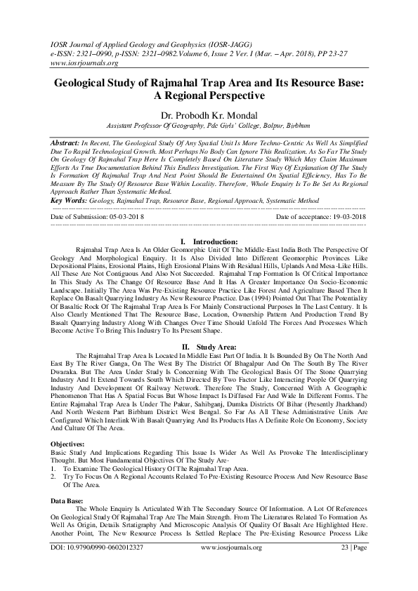 (PDF) Geological Study of Rajmahal Trap Area and Its Resource Base: A ...