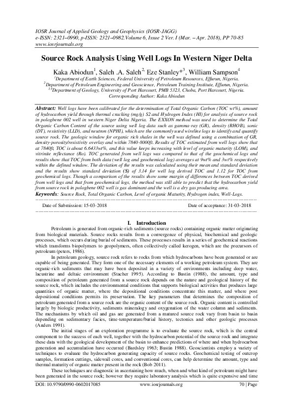 (PDF) Source Rock Analysis Using Well Logs In Western Niger Delta