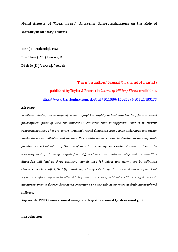 (PDF) Moral Aspects of 'Moral Injury': Analyzing Conceptualizations on ...