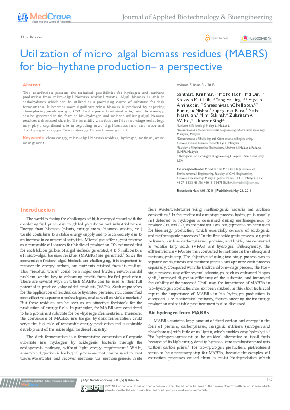 Utilization of micro‒algal biomass residues (MABRS) for bio‒hythane ...