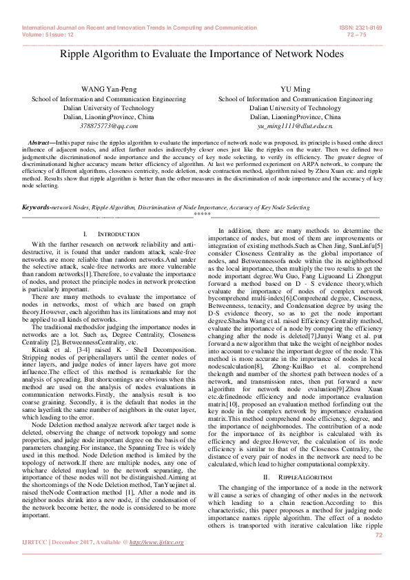 Pdf Ripple Algorithm To Evaluate The Importance Of Network Nodes