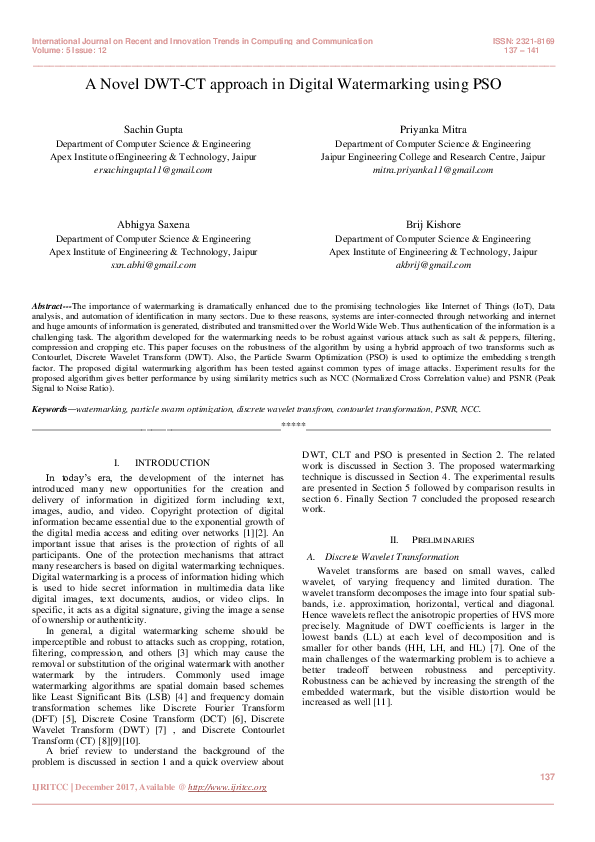 (PDF) A Novel DWT-CT approach in Digital Watermarking using PSO