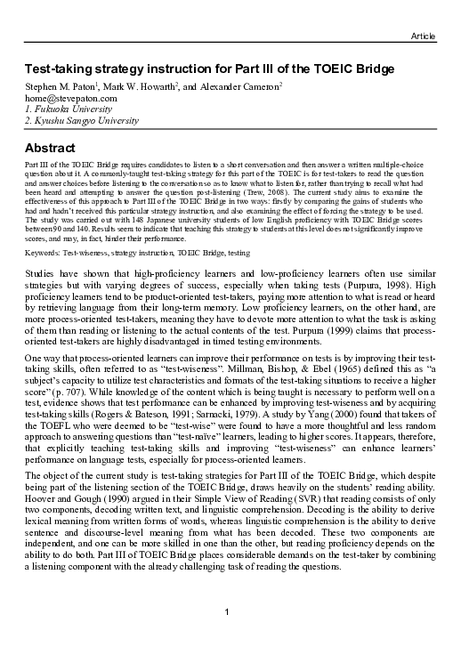 (PDF) Test-taking strategy instruction for Part III of the TOEIC Bridge