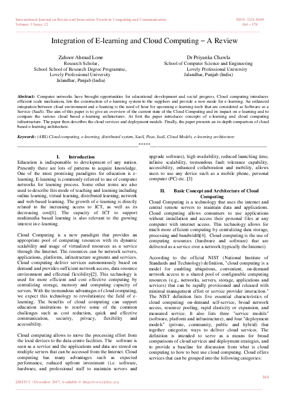 (PDF) Integration of E-learning and Cloud Computing – A Review