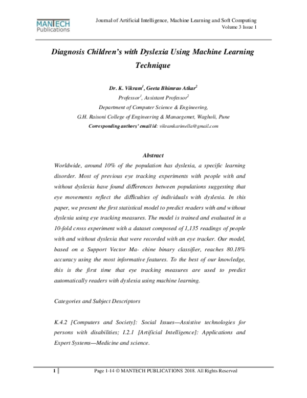 (PDF) Diagnosis Children's with Dyslexia Using Machine Learning Technique