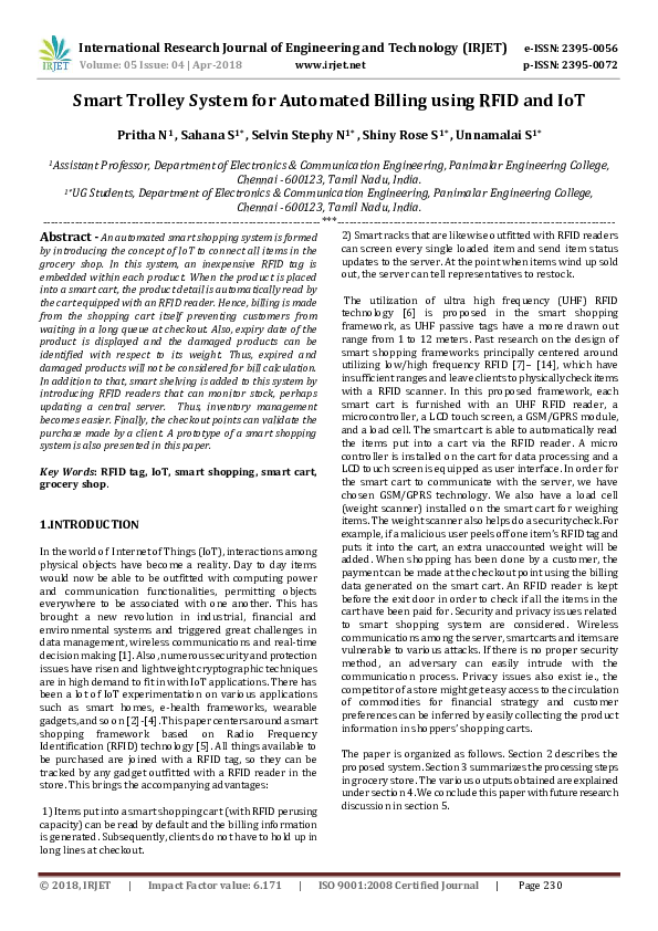 Pdf Smart Trolley System For Automated Billing Using Rfid And Iot