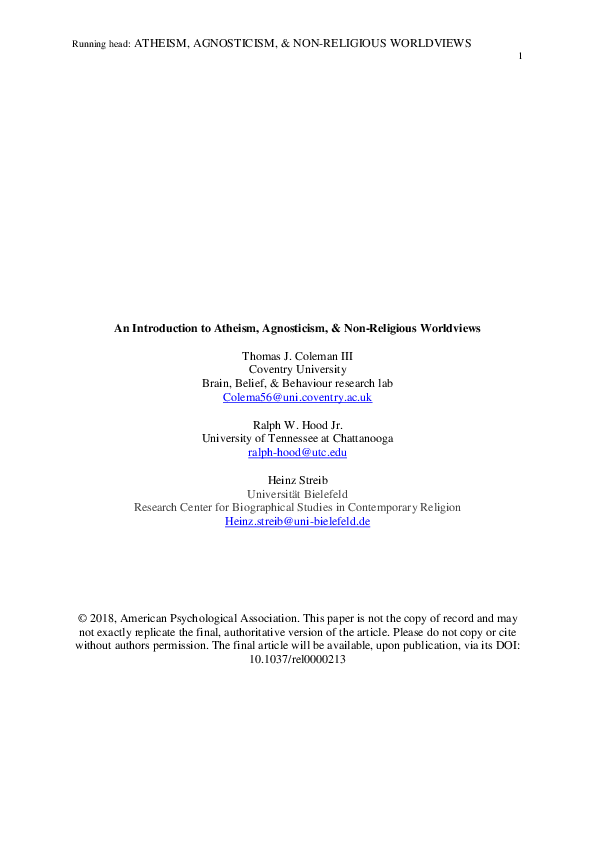 (PDF) An Introduction to Atheism, Agnosticism, & Non-Religious Worldviews