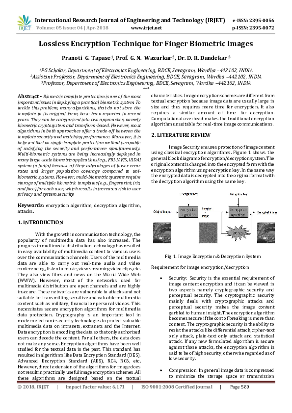 (PDF) Lossless Encryption Technique for Finger Biometric Images | IRJET Journal - Academia.edu