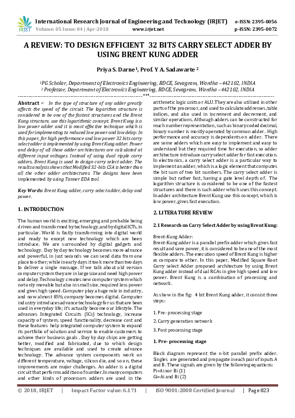 (PDF) A Review: To Design Efficient 32 Bits Carry Select Adder by using Brent Kung Adder