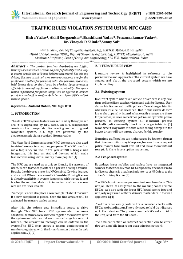 (PDF) TRAFFIC RULES VIOLATION SYSTEM USING NFC CARD