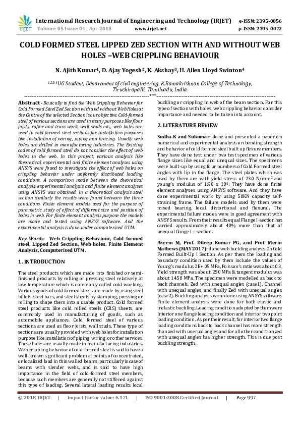 (PDF) COLD FORMED STEEL LIPPED ZED SECTION WITH AND WITHOUT WEB HOLES ...