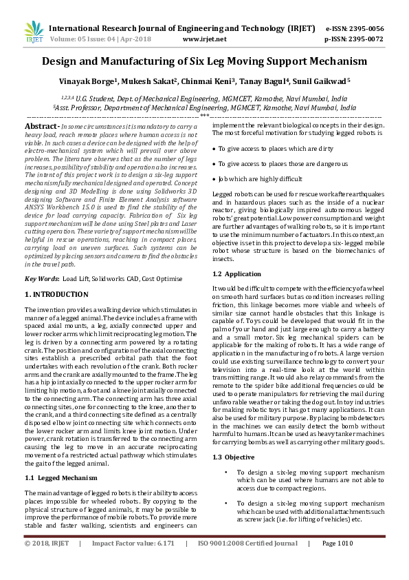 (PDF) Design and Manufacturing of Six Leg Moving Support Mechanism