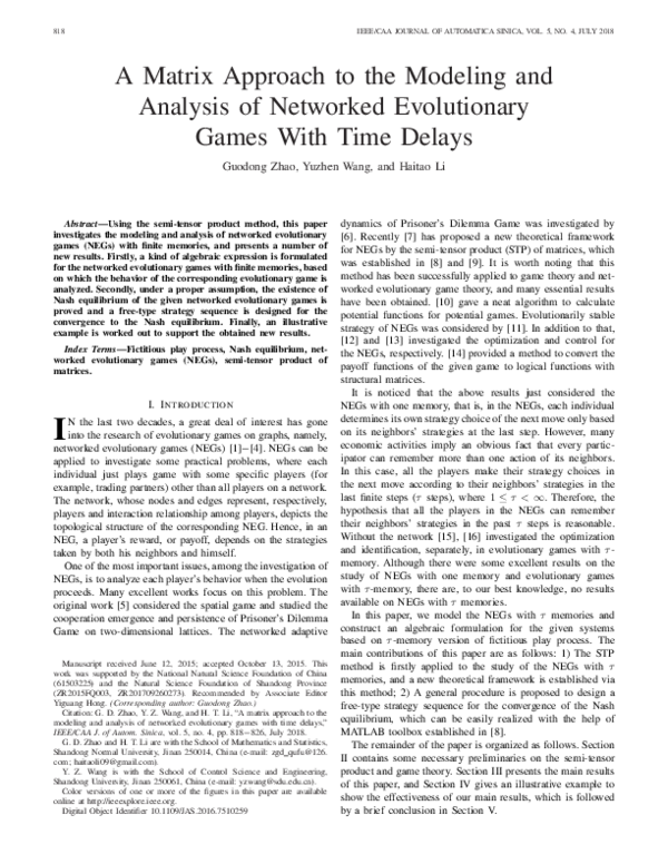 (PDF) A Matrix Approach to the Modeling and Analysis of Networked Evolutionary Games With Time ...