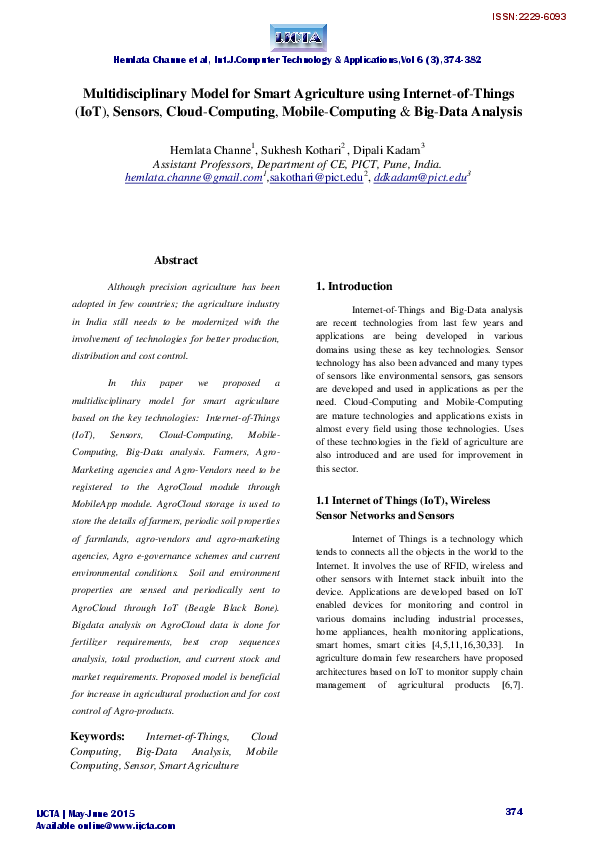 (PDF) Multidisciplinary Model for Smart Agriculture using Internet-of-Things (IoT), Sensors ...