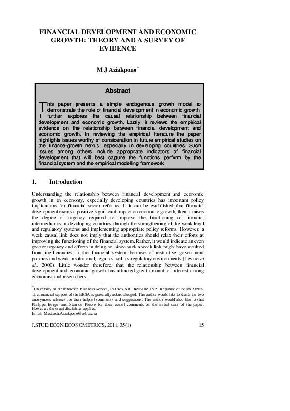 (PDF) FINANCIAL DEVELOPMENT AND ECONOMIC GROWTH: THEORY AND A SURVEY OF ...