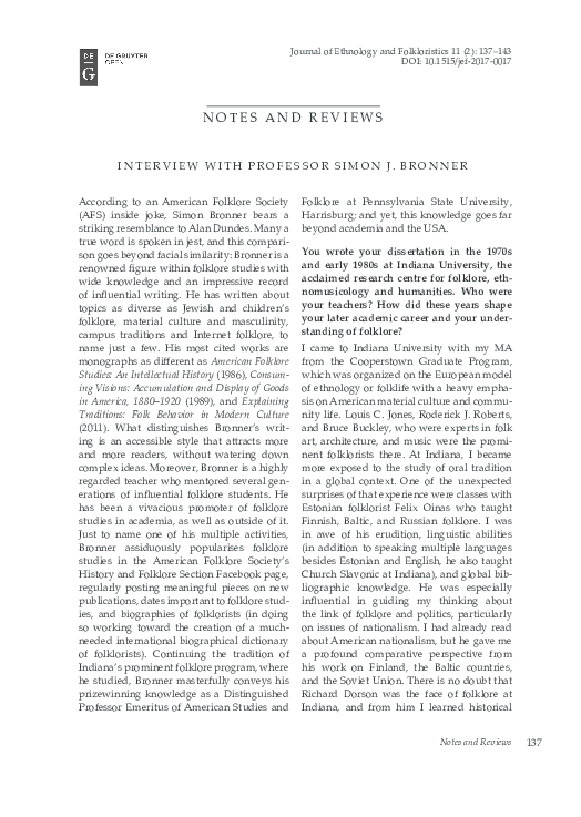 (PDF) Interview With Professor Simon J. Bronner. Journal of Ethnology ...