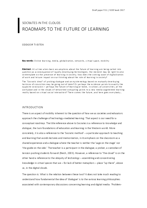 (PDF) SOCRATES IN THE CLOUDS: ROADMAPS TO THE FUTURE OF LEARNING