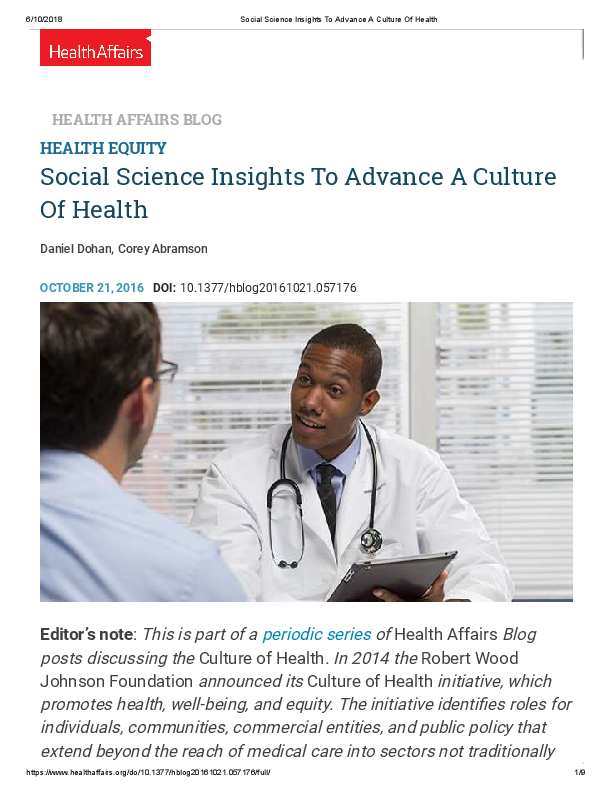 (PDF) Social Science Insights To Advance A Culture Of Health