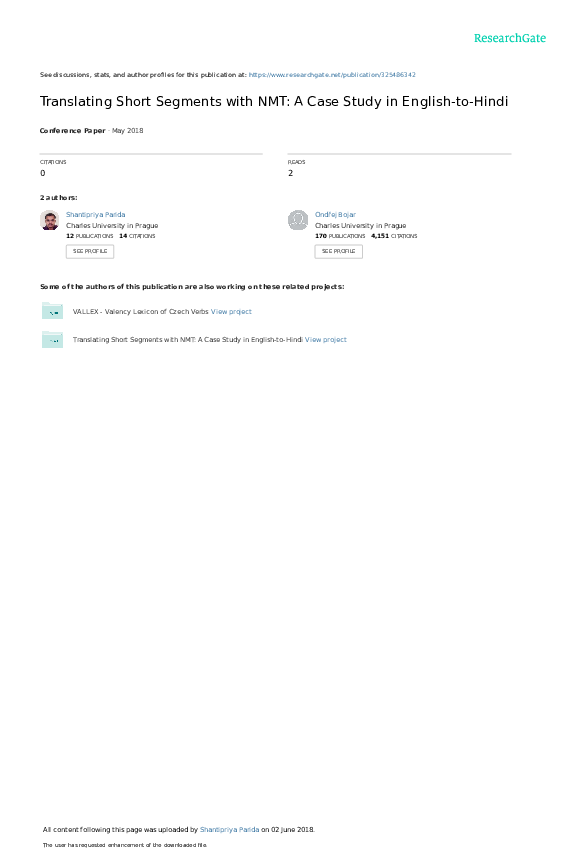 (PDF) Translating Short Segments with NMT: A Case Study in English-to-Hindi